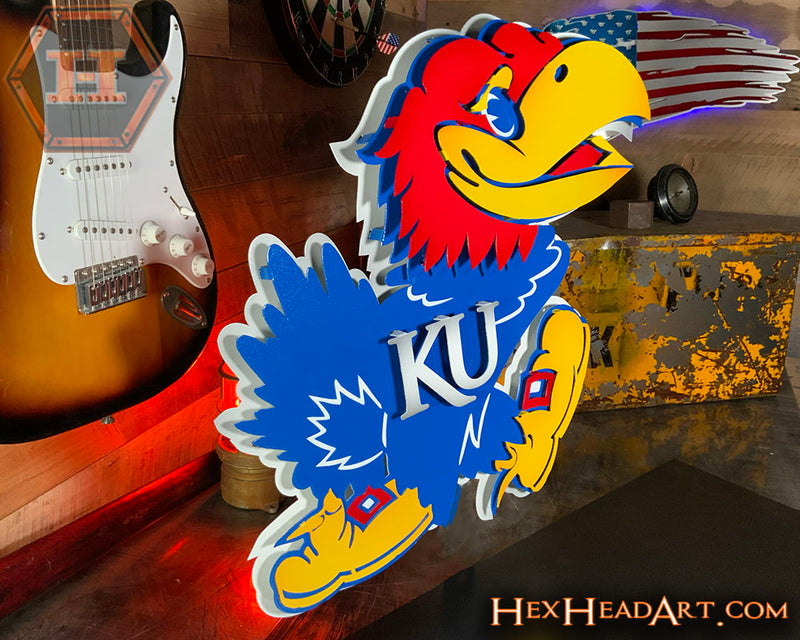 University of Kansas Jayhawks 3D Vintage Metal Artwork – Hex Head Art