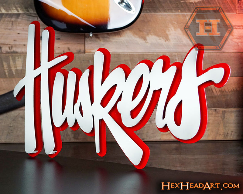 Nebraska "HUSKERS" White Script 3D Vintage Metal Wall Art - Hex Head Art