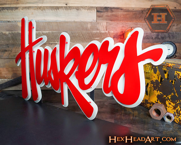 Nebraska "HUSKERS" RED Script 3D Vintage Metal Wall Art - Hex Head Art